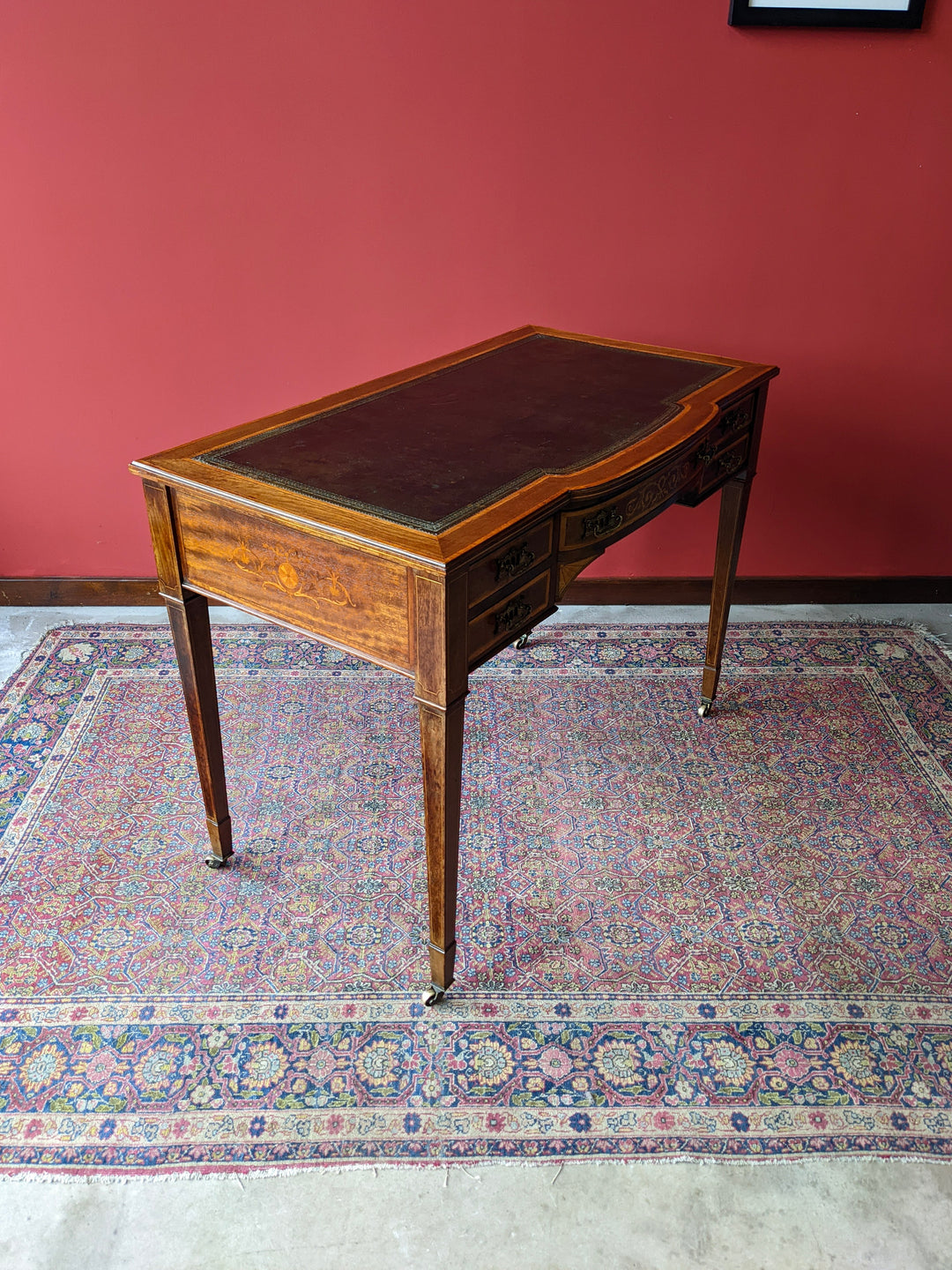 Antique Leather Top Inlaid Mahogany Marquetry Writing Desk / Ladies De ...