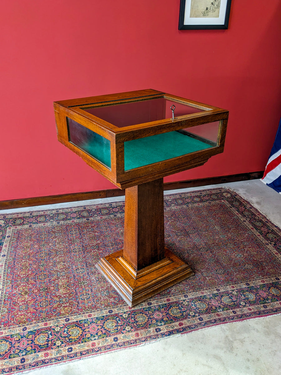 Vintage Oak Pedestal Raised Glazed Display Table Cabinet / Bijouterie ...